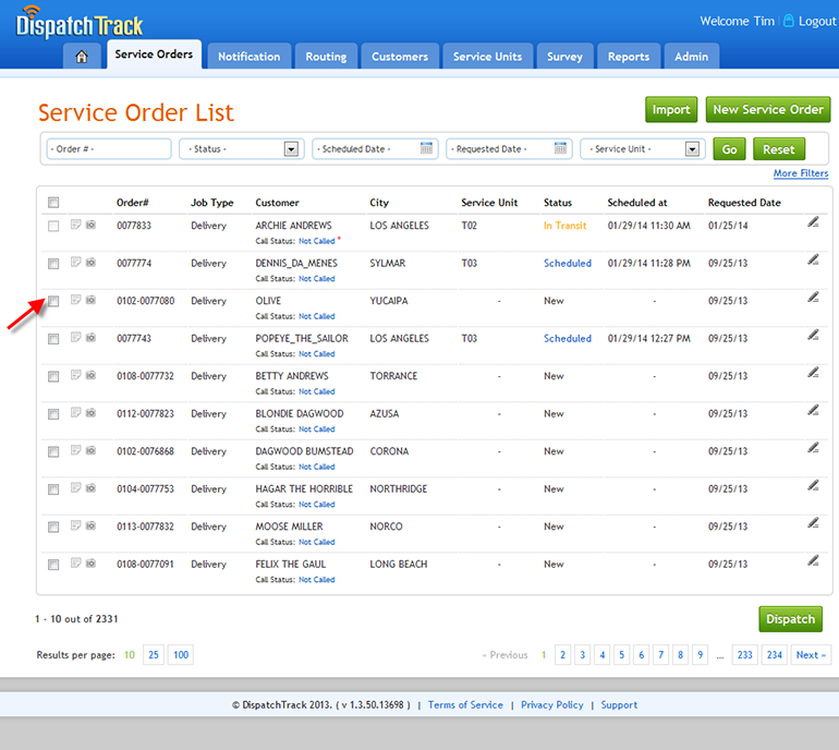 Service Order screen navigation