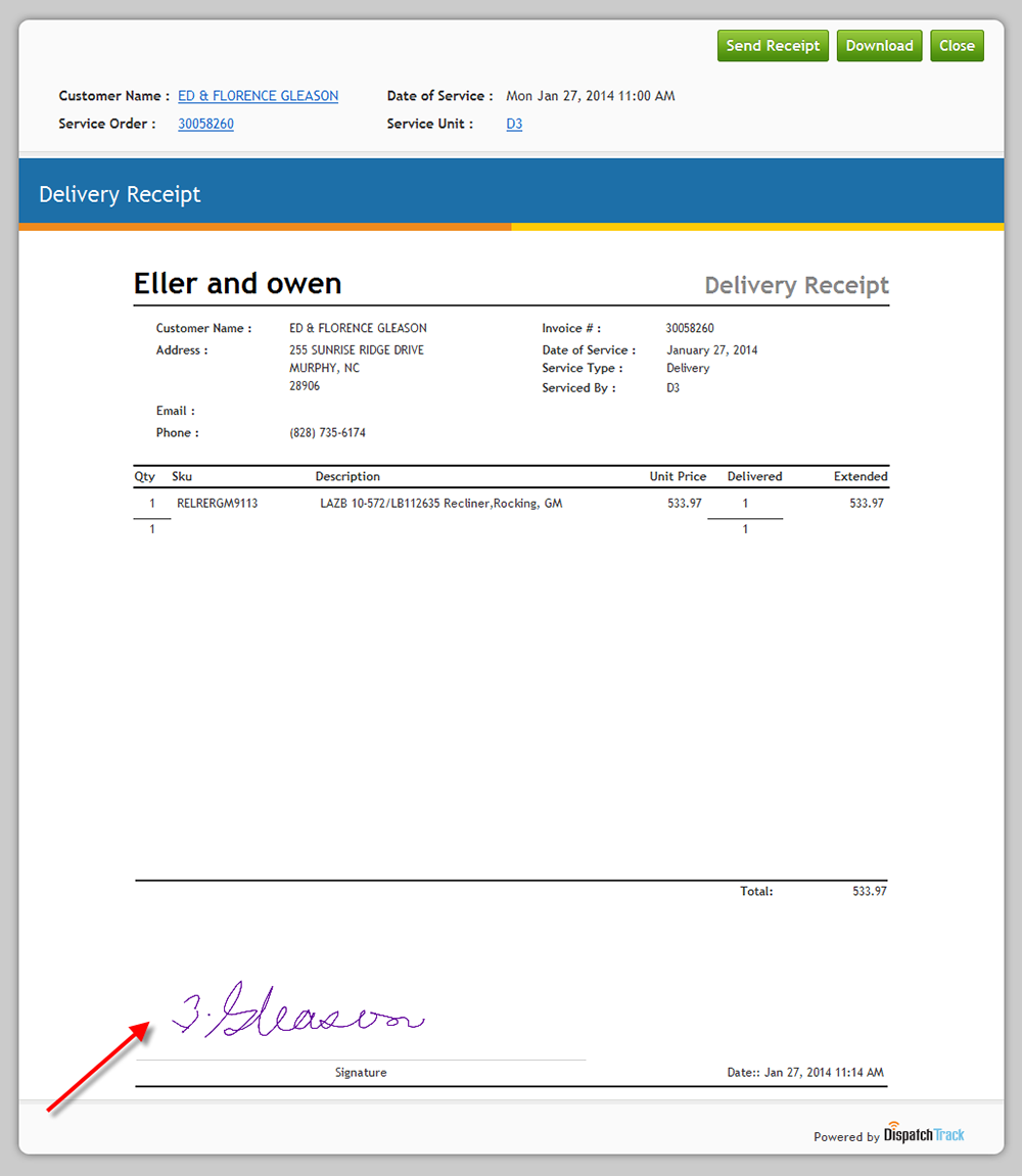 3. In the Delivery Receipt that opens up, scroll down and you will see ...